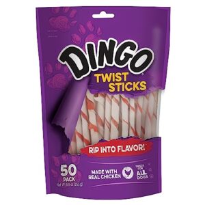 dingo twist sticks 50 count, rawhide for dogs, made with real chicken, 50 count (pack of 1)