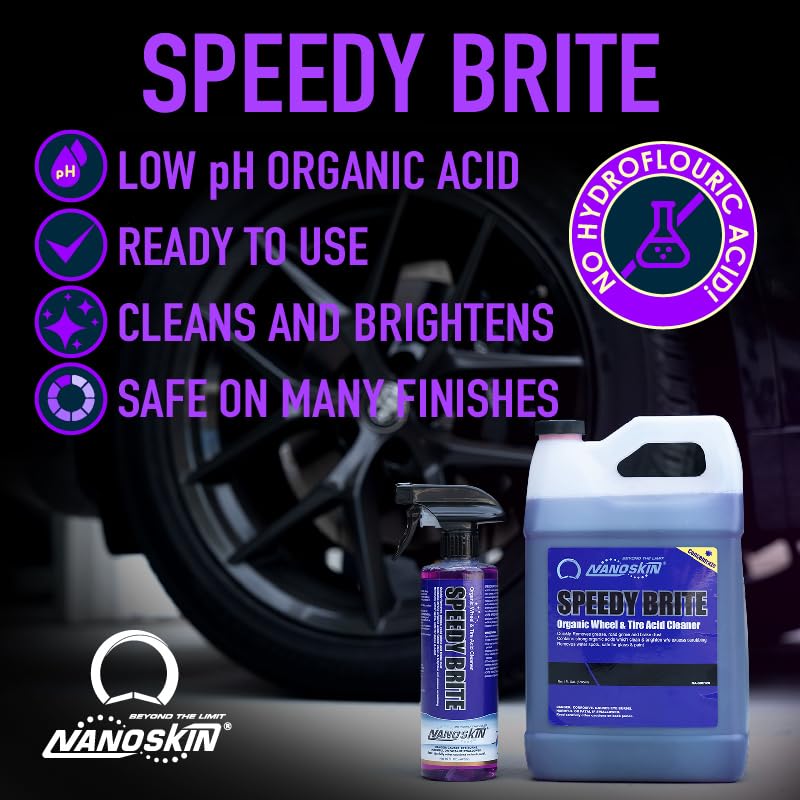 Nanoskin SPEEDY BRITE Professional Wheel & Tire Acid Cleaner 1 Gallon - Car Wash Wheel Cleaning Spray For Car Detailing | Works with Wheel Brush & Tire Brush | Melt Away Rust, Brake Dust, Road Grime