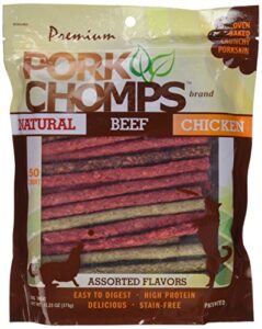 pork chomps dog chews, 5-inch munchy sticks, assorted flavors, 50 count