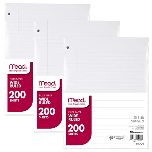 Mead Loose Leaf Paper, 3 Pack, Notebook Paper, Wide Ruled Filler Paper, Standard, 8 x 10.5, 200 Sheets per Pack (73183)