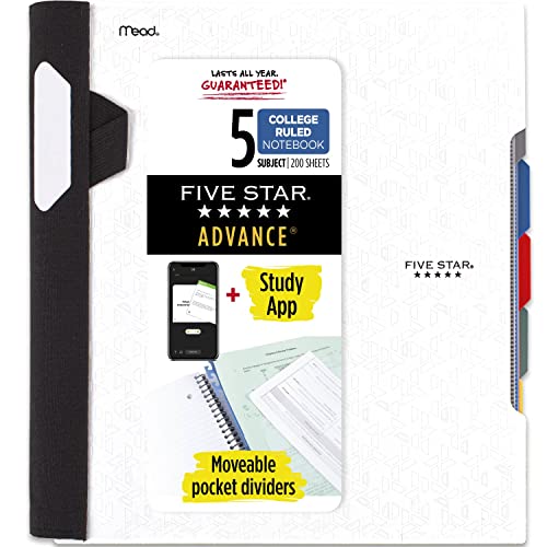 Five Star Spiral Notebook + Study App, 5 Subject, College Ruled Paper, Advance Notebook with Spiral Guard, Movable Tabbed Dividers and Expanding Pockets, 8-1/2" x 11", 200 Sheets, White (73154)