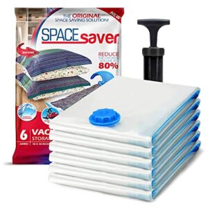 spacesaver's space saver vacuum storage bags (jumbo 6-pack) save 80% space - vacuum sealed bags for comforters, blankets, bedding, clothing - compression seal for closet storage - pump for travel