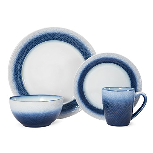 Pfaltzgraff Eclipse Blue 16-Piece Stoneware Round Dinnerware Set, 1 inch dinner plate, 8 inch salad plate, 6 inch soup cereal bowl (26 ounce) and 14 ounce mug, Blue/White