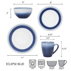 Pfaltzgraff Eclipse Blue 16-Piece Stoneware Round Dinnerware Set, 1 inch dinner plate, 8 inch salad plate, 6 inch soup cereal bowl (26 ounce) and 14 ounce mug, Blue/White