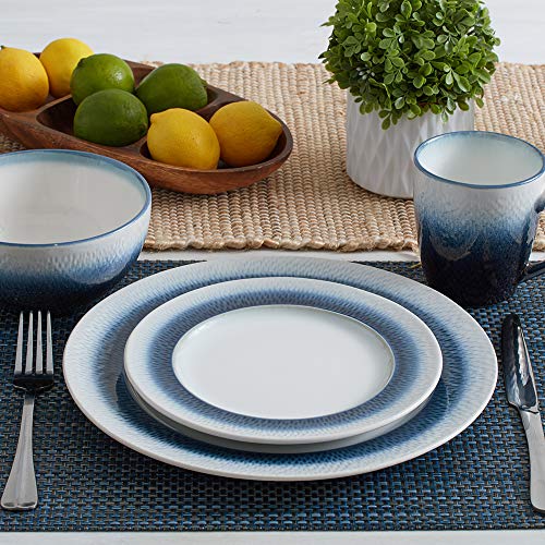 Pfaltzgraff Eclipse Blue 16-Piece Stoneware Round Dinnerware Set, 1 inch dinner plate, 8 inch salad plate, 6 inch soup cereal bowl (26 ounce) and 14 ounce mug, Blue/White