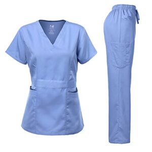 medical uniform women's scrubs set stretch contrast pocket ceil blue m