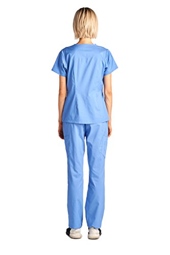 Medical Uniform Women's Scrubs Set Stretch Contrast Pocket Ceil Blue M