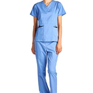 Medical Uniform Women's Scrubs Set Stretch Contrast Pocket Ceil Blue M