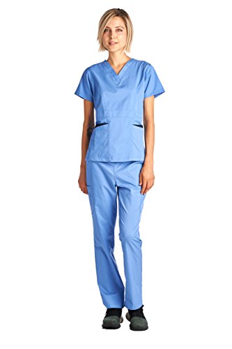 Medical Uniform Women's Scrubs Set Stretch Contrast Pocket Ceil Blue M