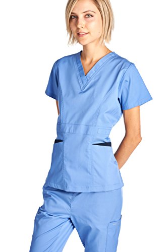 Medical Uniform Women's Scrubs Set Stretch Contrast Pocket Ceil Blue M