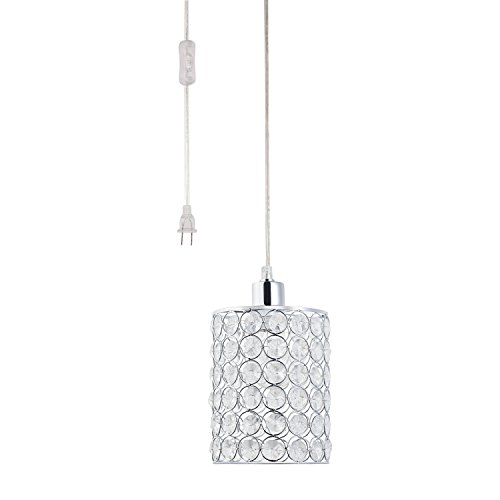 Globe Electric 65142 1-Light Cylindrical Plug-in Pendant, Polished Chrome Finish, Caged Crystal Shade, Clear 15ft Cord, in-Line On/Off Rocker Switch, E26 Base Socket, Ceiling Hanging Light Fixture