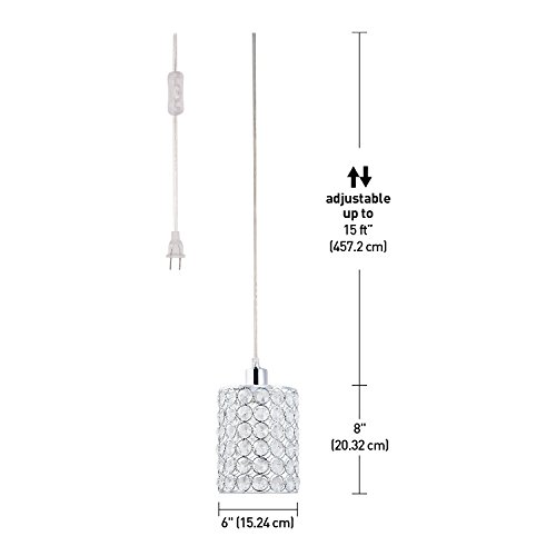 Globe Electric 65142 1-Light Cylindrical Plug-in Pendant, Polished Chrome Finish, Caged Crystal Shade, Clear 15ft Cord, in-Line On/Off Rocker Switch, E26 Base Socket, Ceiling Hanging Light Fixture