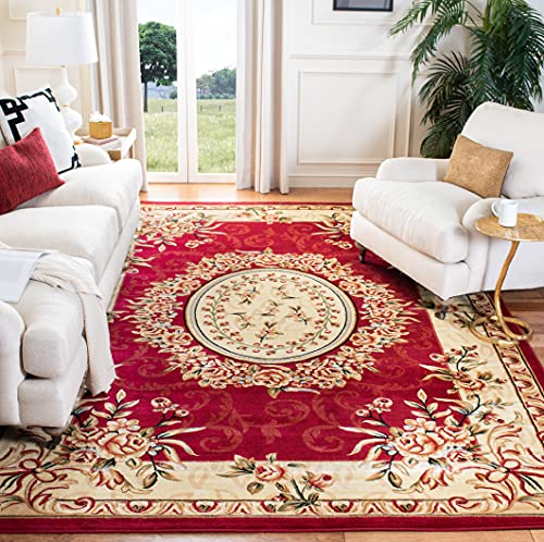 SAFAVIEH Lyndhurst Collection Area Rug - 9' x 12', Red & Ivory, Traditional European Medallion Design, Non-Shedding & Easy Care, Ideal for High Traffic Areas in Living Room, Bedroom (LNH328C)