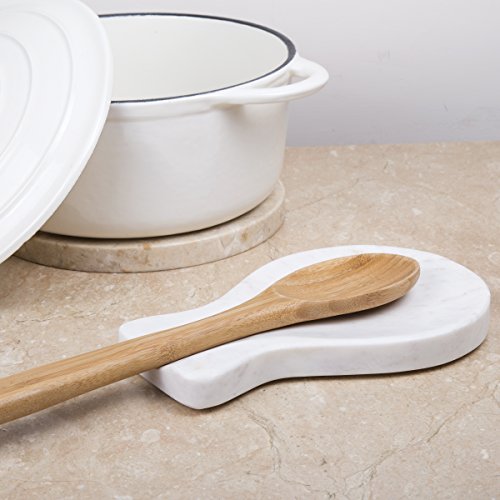 Creative Home Natural Marble Spoon Rest Ladle Utensil Holder Spatula Holder Kitchen Countertop Dining Table Organizer, 7.9" x 5.4" x 0.8" H, Off-White (color may vary)