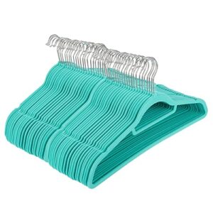 50 pack slim non slip teal velvet hangers with cascading hooks for clothes, shirts, suits, dresses, coat, pants, heavy duty durable hangers, lightweight, space saving (18 in)