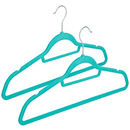 50 Pack Slim Non Slip Teal Velvet Hangers with Cascading Hooks for Clothes, Shirts, Suits, Dresses, Coat, Pants, Heavy Duty Durable Hangers, Lightweight, Space Saving (18 In)