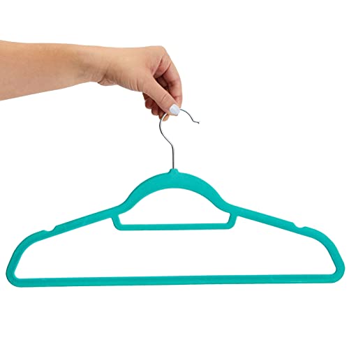 50 Pack Slim Non Slip Teal Velvet Hangers with Cascading Hooks for Clothes, Shirts, Suits, Dresses, Coat, Pants, Heavy Duty Durable Hangers, Lightweight, Space Saving (18 In)