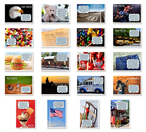 AMERICANA FUN FACTS postcard set of 20 postcards. Iconic America and American culture post card variety pack. Made in USA.