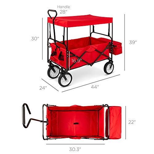 Best Choice Products Collapsible Folding Outdoor Utility Wagon with Canopy Garden Cart for Beach, Picnic, Camping, Tailgates w/Removable Canopy, Detachable Pockets, 150lb Weight Capacity - Red