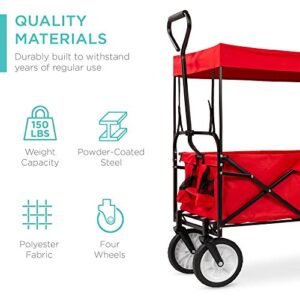 Best Choice Products Collapsible Folding Outdoor Utility Wagon with Canopy Garden Cart for Beach, Picnic, Camping, Tailgates w/Removable Canopy, Detachable Pockets, 150lb Weight Capacity - Red