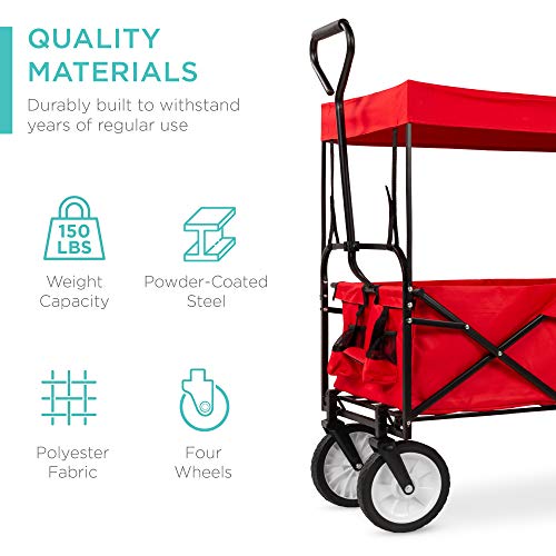 Best Choice Products Collapsible Folding Outdoor Utility Wagon with Canopy Garden Cart for Beach, Picnic, Camping, Tailgates w/Removable Canopy, Detachable Pockets, 150lb Weight Capacity - Red