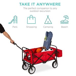 Best Choice Products Collapsible Folding Outdoor Utility Wagon with Canopy Garden Cart for Beach, Picnic, Camping, Tailgates w/Removable Canopy, Detachable Pockets, 150lb Weight Capacity - Red