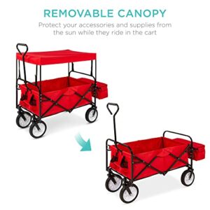 Best Choice Products Collapsible Folding Outdoor Utility Wagon with Canopy Garden Cart for Beach, Picnic, Camping, Tailgates w/Removable Canopy, Detachable Pockets, 150lb Weight Capacity - Red