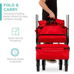 Best Choice Products Collapsible Folding Outdoor Utility Wagon with Canopy Garden Cart for Beach, Picnic, Camping, Tailgates w/Removable Canopy, Detachable Pockets, 150lb Weight Capacity - Red