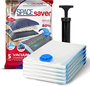 spacesaver vacuum storage bags (large 5 pack) save 80% on clothes storage space - vacuum sealer bags for comforters, blankets, bedding, clothing - compression seal for closet storage. pump for travel.