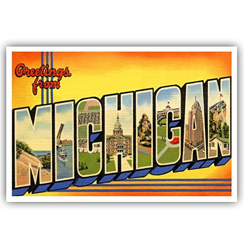 GREETINGS FROM MICHIGAN vintage reprint postcard set of 20 identical postcards. Large letter US state name post card pack (ca. 1930's-1940's). Made in USA.