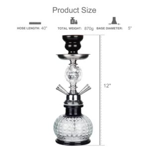 REANICE 12" Handmade Glass Water Shisha Portable Hookah Set with 2 Hose and Hookah Accessories (Black)