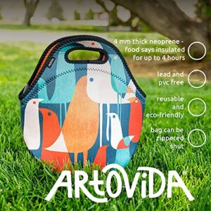 Artovida Artists Collective Insulated Neoprene Lunch Bag - Washable Soft Lunch Tote for Work and Picnic - Design by Budi Kwan (Indonesia) Flock of Birds - Classic