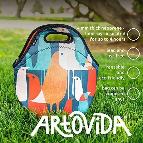 Artovida Artists Collective Insulated Neoprene Lunch Bag - Washable Soft Lunch Tote for Work and Picnic - Design by Budi Kwan (Indonesia) Flock of Birds - Classic