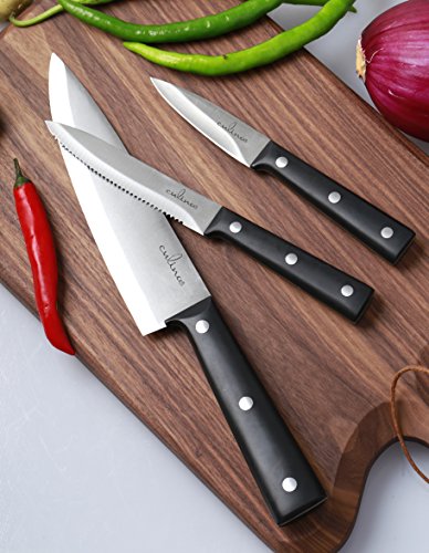 Culina 3-Piece Chef Knife Set. Triple-rivet, Full-tang : 8-inch Chef Knife, 5-inch Utility Knife, 3.5-inch Paring Knife