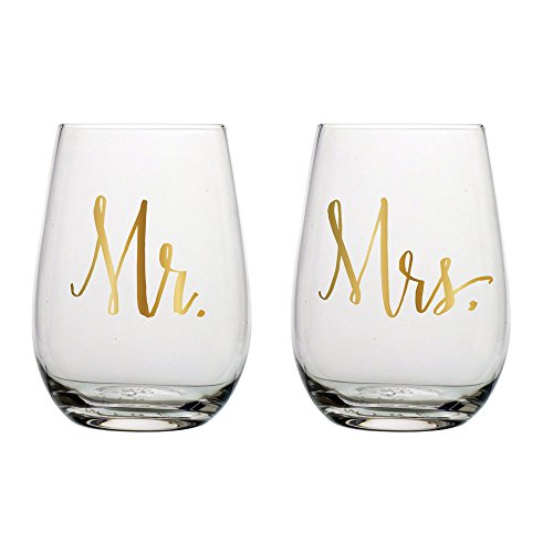 Slant Set of 2 Stemless Wine Glass 20 oz. 3.5 x 5"H Mr. & Mrs.