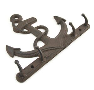 coat key holder 4 hook rack, rustic cast iron anchor, nautical wall decor, 10-inch