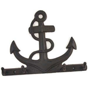 Coat Key Holder 4 Hook Rack, Rustic Cast Iron Anchor, Nautical Wall Decor, 10-inch