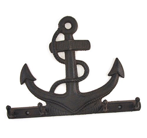 Coat Key Holder 4 Hook Rack, Rustic Cast Iron Anchor, Nautical Wall Decor, 10-inch