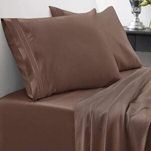 queen size bed sheets - breathable luxury sheets with full elastic & secure corner straps built in - 1800 supreme collection extra soft deep pocket bedding set, sheet set, queen, brown