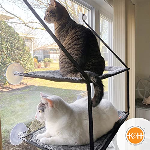 K&H Pet Products EZ Mount Window Sill Cat Bed, Cat Window Hammock, Sturdy Cat Window Perch for Large Cats, Cat Window Bed Cat Furniture, Cat Hammock for Window Cat Perch Cat Shelf - Double Stack Gray