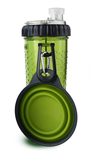 Dexas Popware for Pets Snack Duo Dual Chambered Hydration Bottle and Snack Container with Collapsible Pet Cup, Green