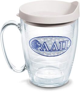 tervis sorority - alpha delta pi tumbler with emblem and white lid 16oz mug, clear