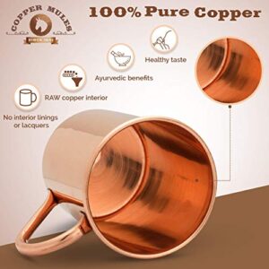 Copper Mules Moscow Mule PURE Copper Mug Handcrafted of 100% Pure THICK Copper - Straight Smooth Finish - RAW Copper Interior - Authentic and Strong Riveted Handle - Holds 16 ounces