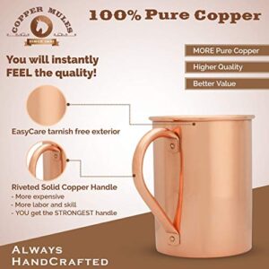 Copper Mules Moscow Mule PURE Copper Mug Handcrafted of 100% Pure THICK Copper - Straight Smooth Finish - RAW Copper Interior - Authentic and Strong Riveted Handle - Holds 16 ounces