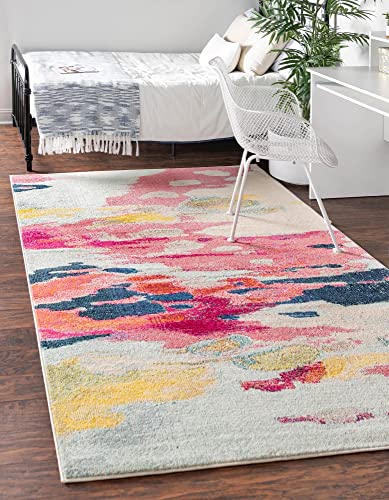 Unique Loom Estrella Collection Light Colors, Abstract, Modern, Vibrant Area Rug, 5 ft x 8 ft, Pink/Ivory