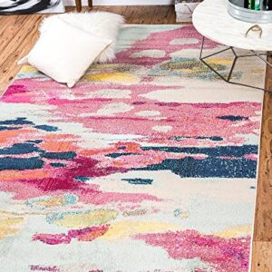 Unique Loom Estrella Collection Light Colors, Abstract, Modern, Vibrant Area Rug, 5 ft x 8 ft, Pink/Ivory