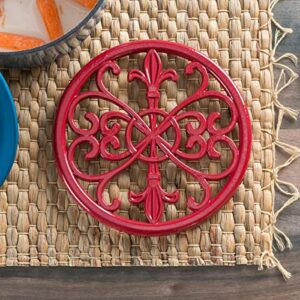 Home Basics (Red) Cast Iron Fleur De Lis Trivet Tr44392, 7.9" x 7.9" x .62"