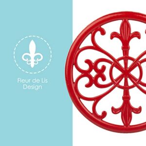 Home Basics (Red) Cast Iron Fleur De Lis Trivet Tr44392, 7.9" x 7.9" x .62"