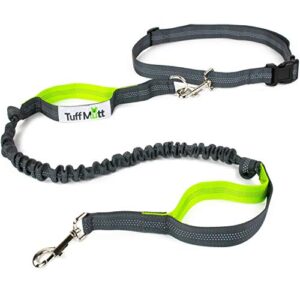 tuff mutt hands free dog leash, a dog running leash for dogs that makes a great waist leash for dog walking, double handle bungee dog leash with reflective stitching and adjustable dog walking belt