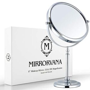 mirrorvana large double sided 10x and 1x magnifying makeup mirror with stand in gift box, 15-inch height and 8-inch wide